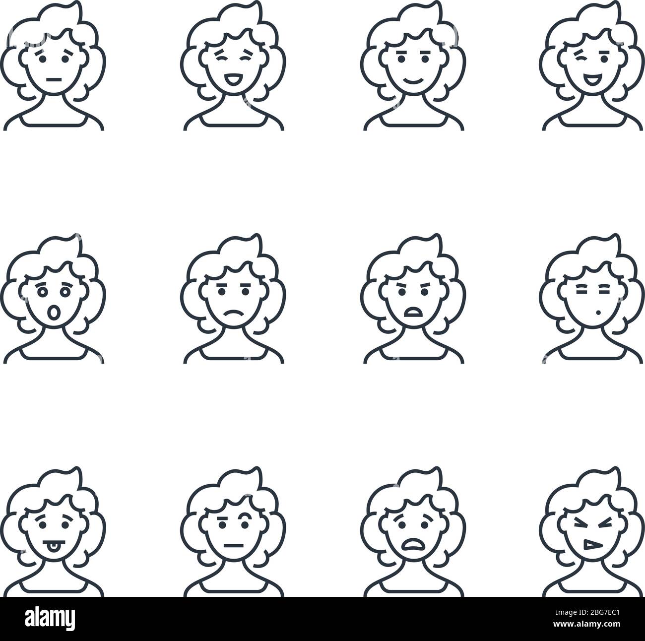 Woman face with different expressions line icons. Female profile ...