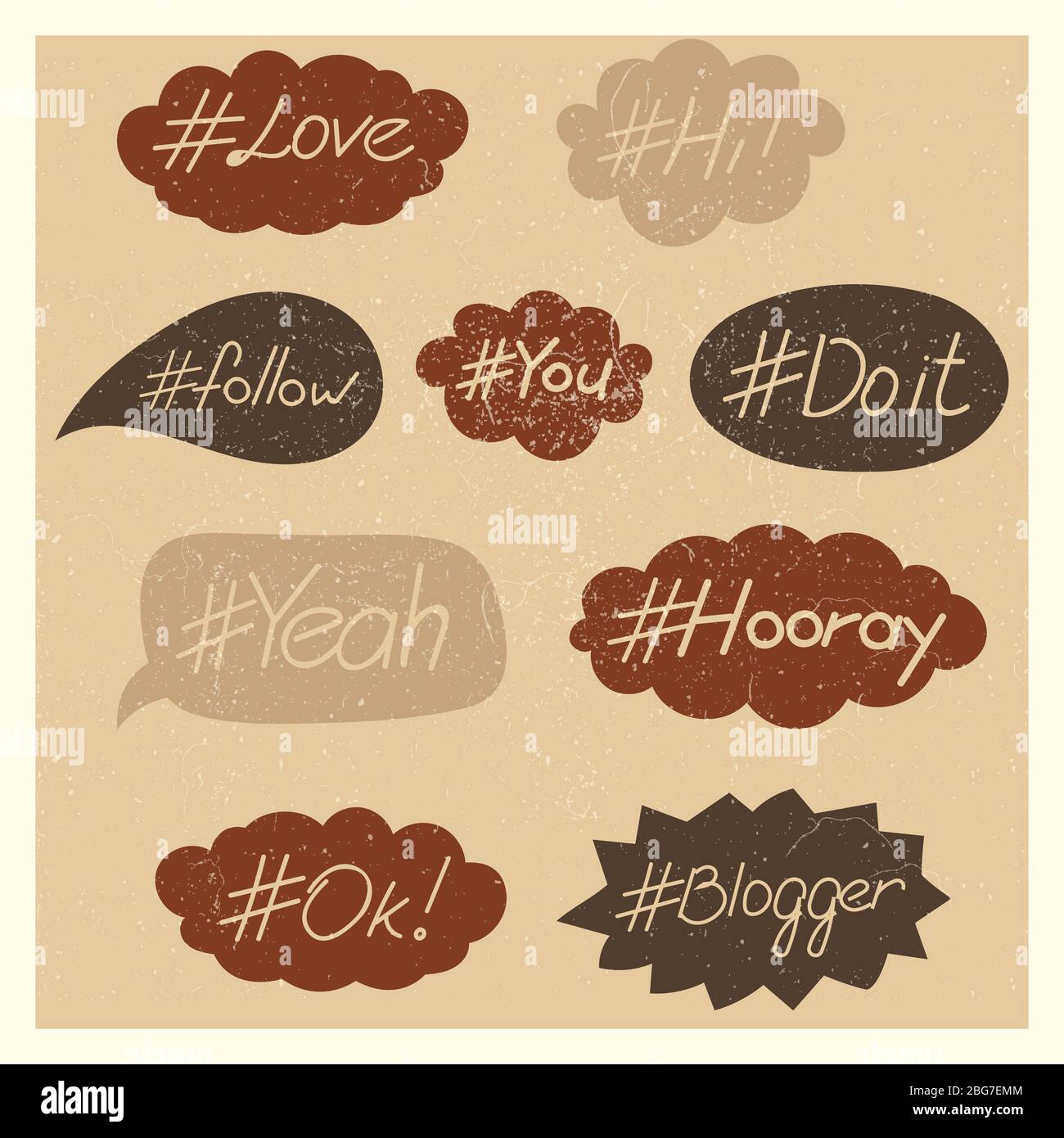 Vintage hand written hashtag words in speech bubble vector set Stock ...