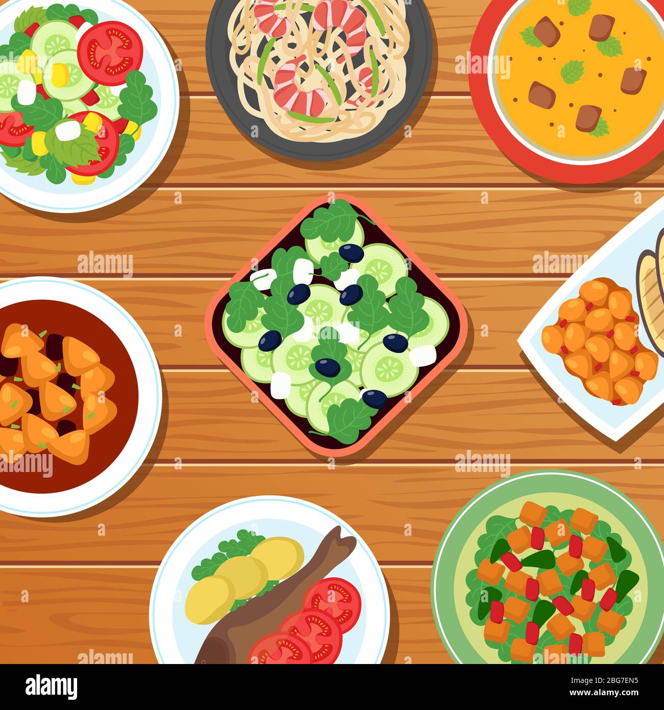 Healthy asian thai meal on table top. Vegetable, meat and fish food ...