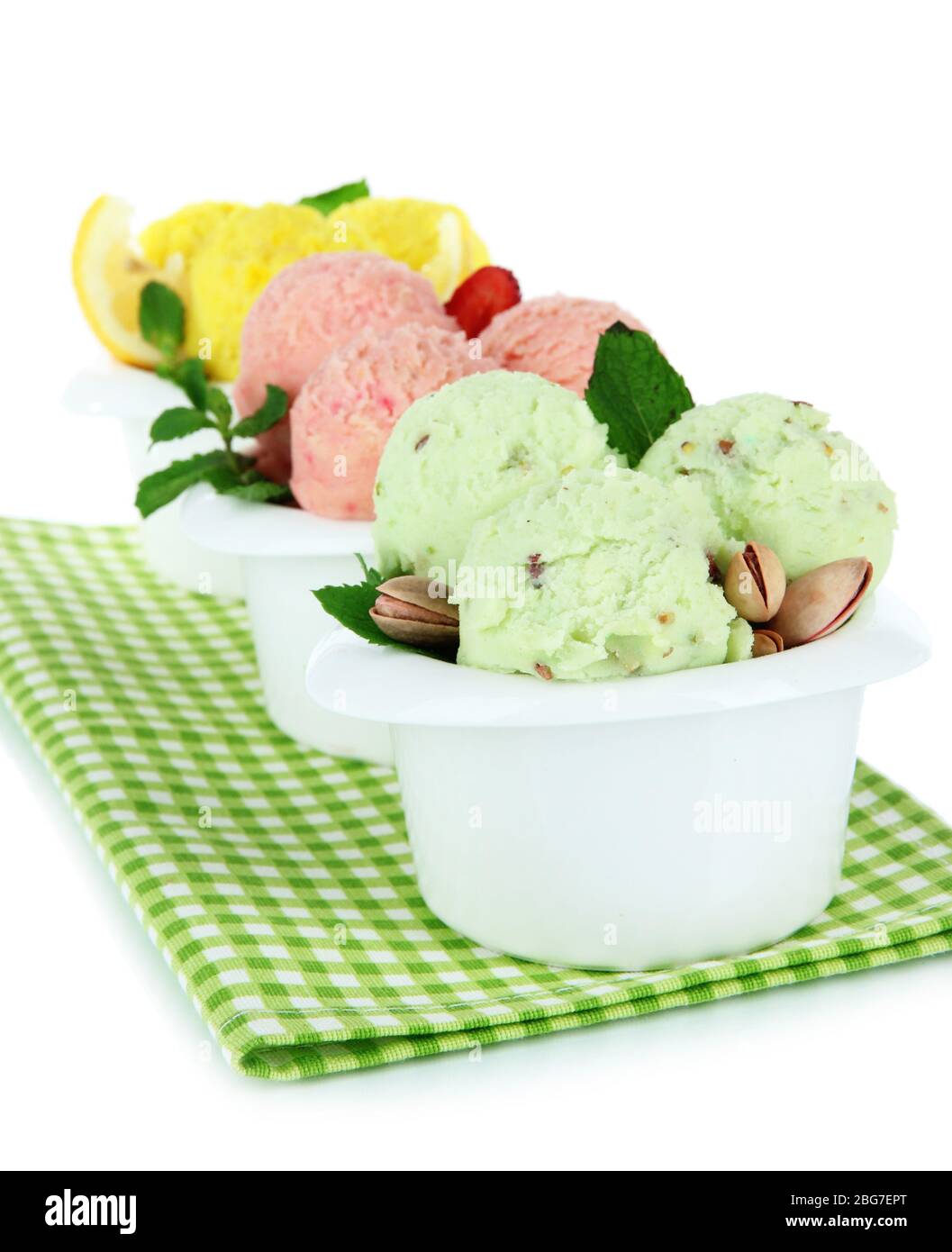 Tasty ice cream scoops in bowls, isolated on white Stock Photo - Alamy