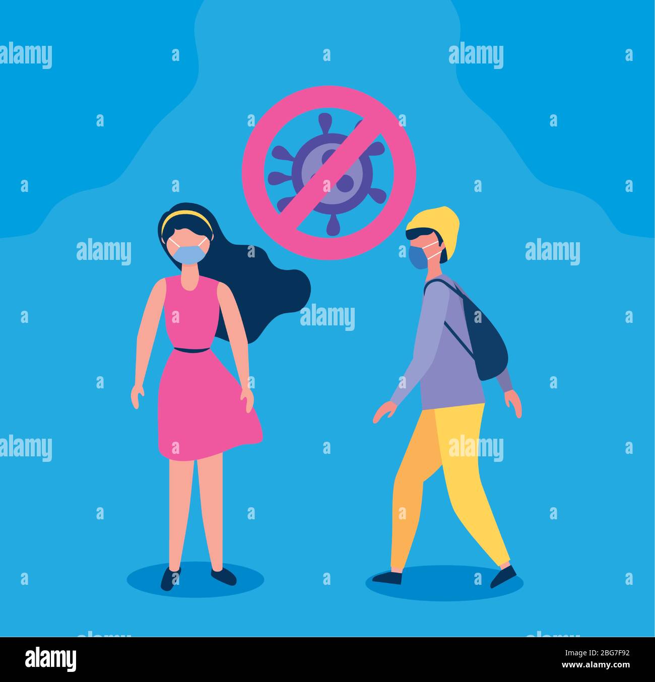 couple using face masks with stop covid19 signal Stock Vector Image ...