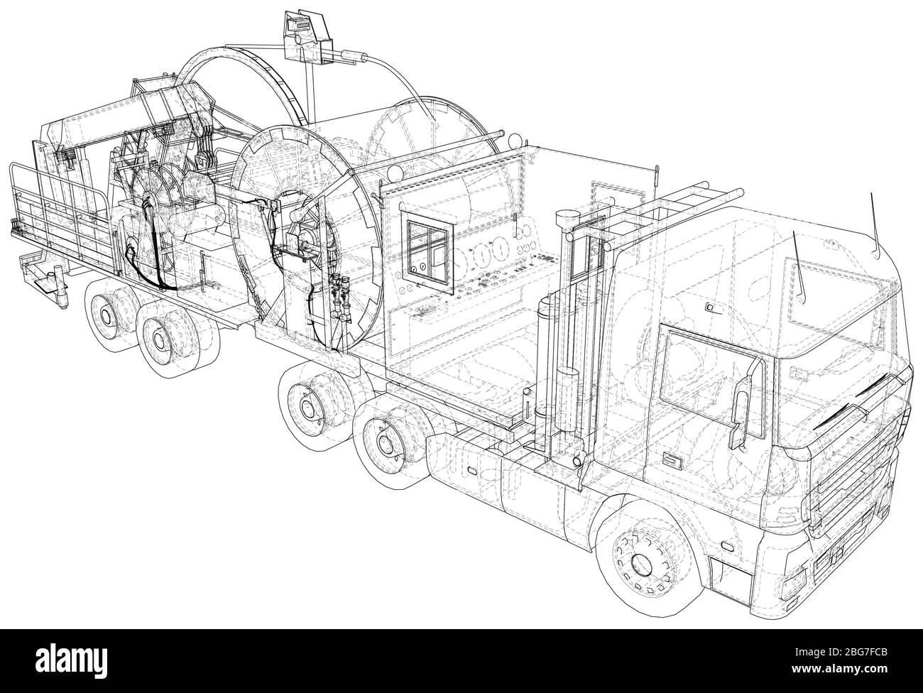 Wire-frame line coiled tubing truck isolated on white. Vector rendering ...
