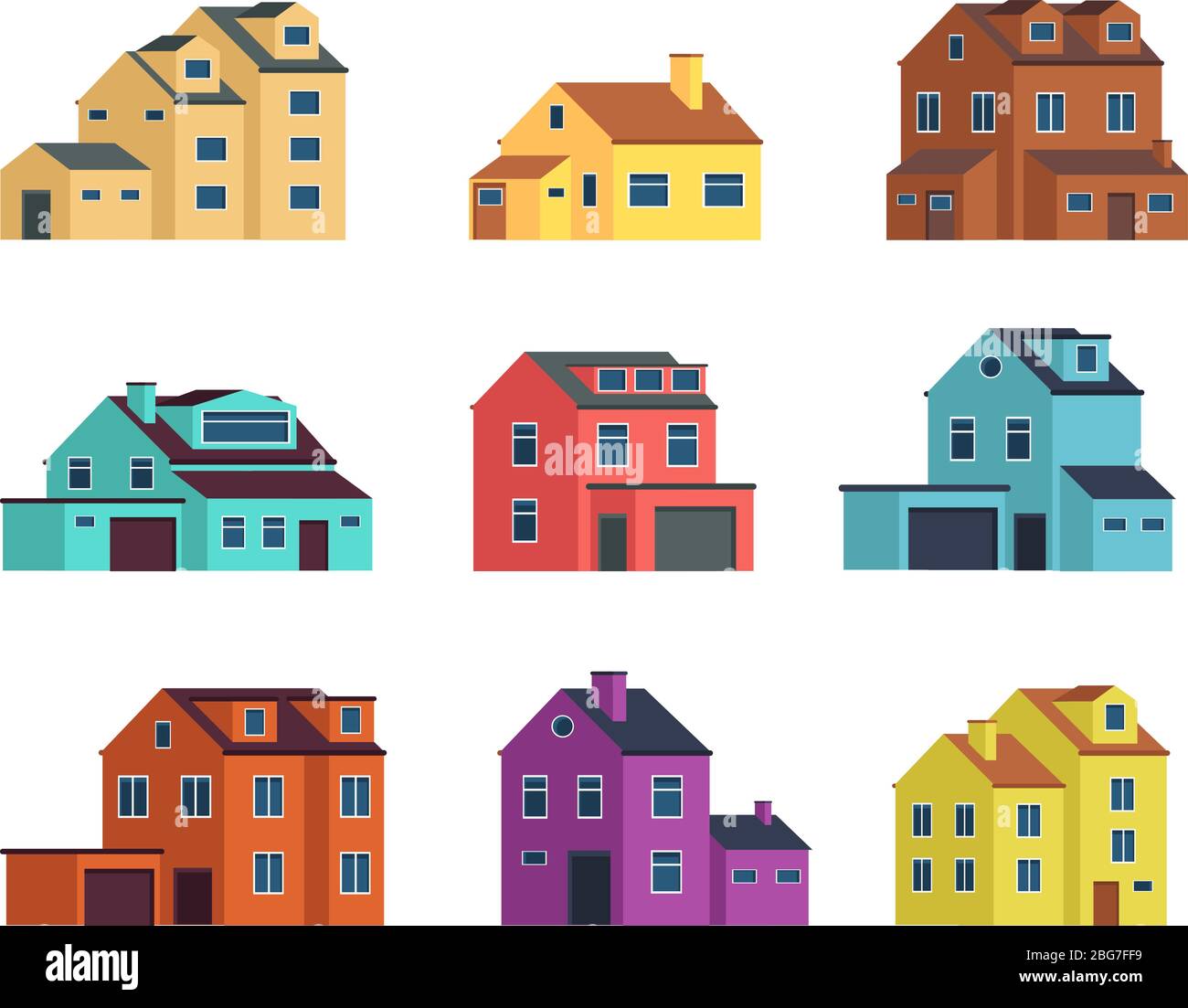 Houses front view. Urban and suburban house, town buildings, and cottage housing. Isolated ...