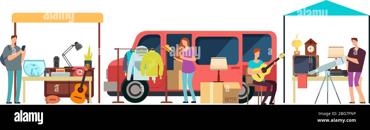 People selling, shopping second hand clothes, vintage goods in mini ...