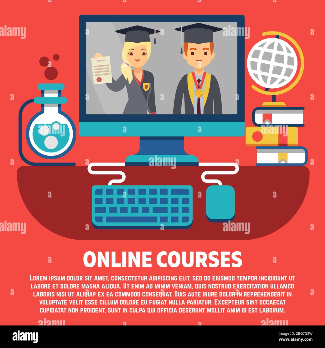Flat online courses graduates vector concept. Graduation with internet ...