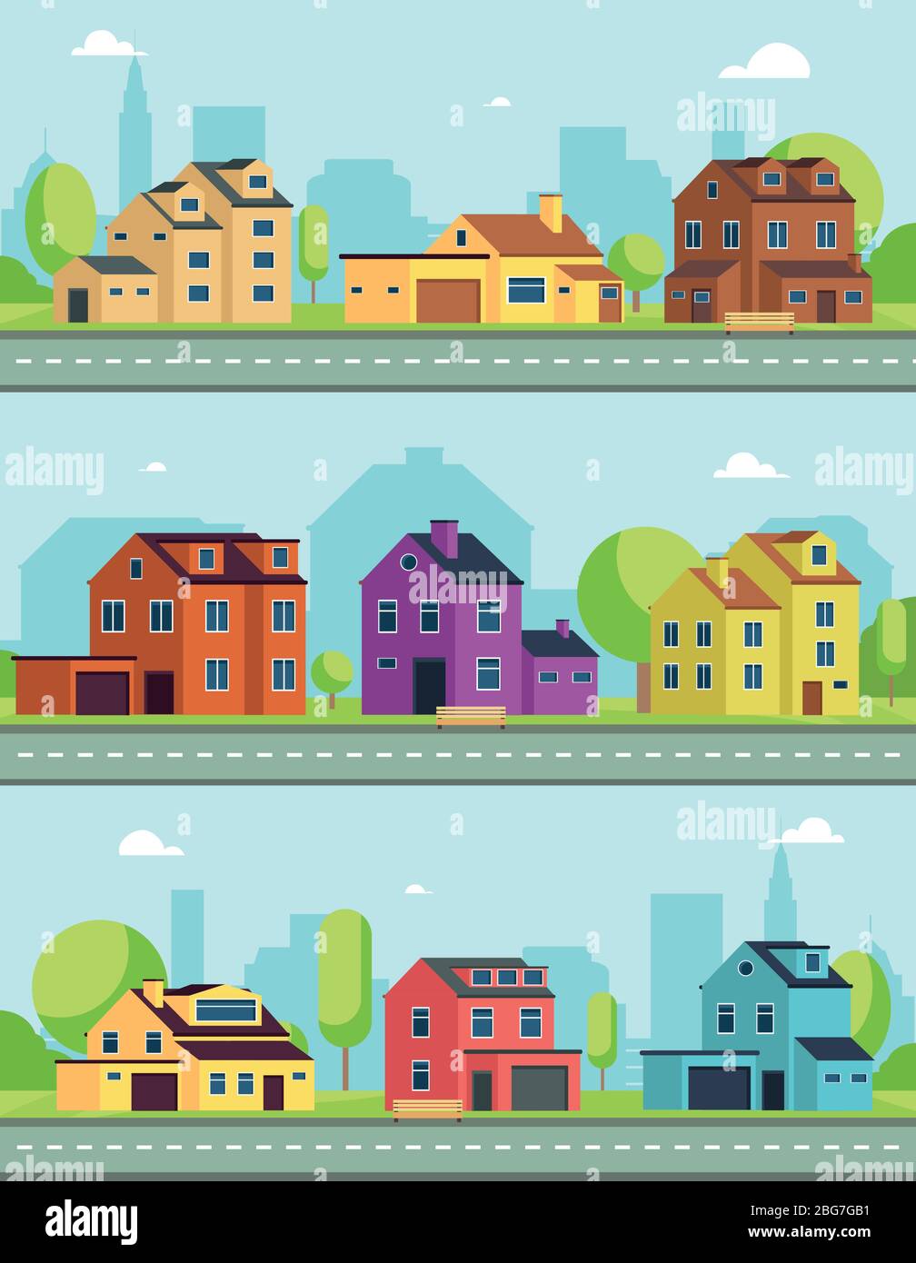 City street with buildings, suburban road and houses, cottages. Vector ...