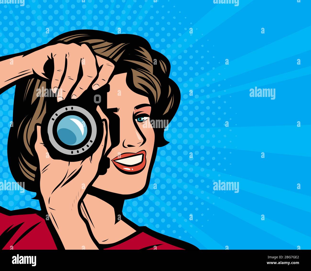 Happy young woman with camera. Photographer retro comic pop art vector ...