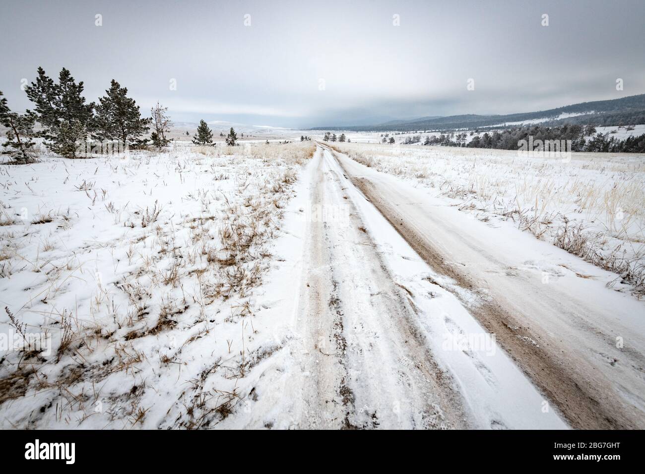 Tazhenranskaya steppe on the coast of the Baikal Lake in winter ...