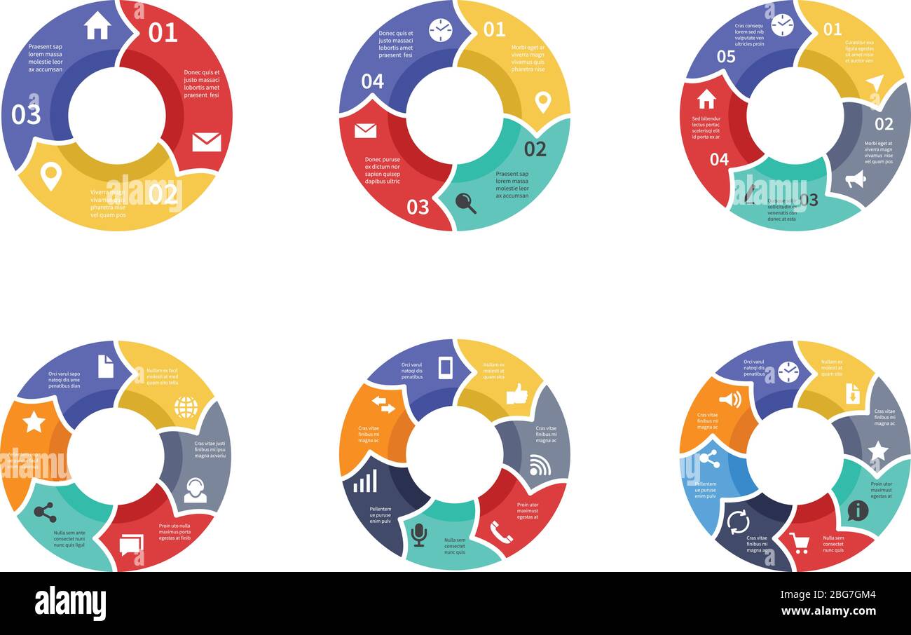 Circle graphic, pie diagrams, round charts with icons, options, parts ...
