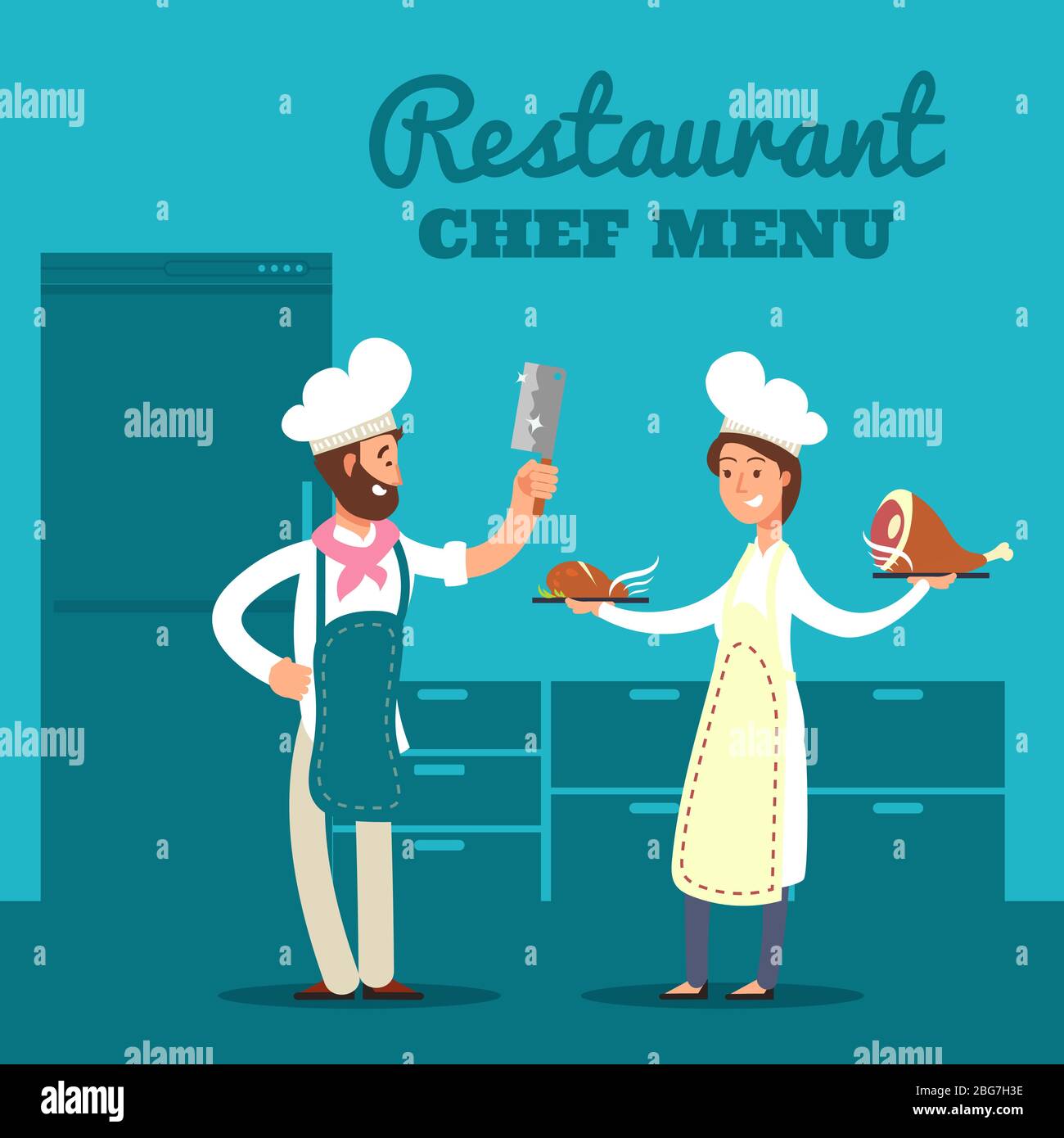 Restaurant background with kitchen silhouette and cartoon chef and ...