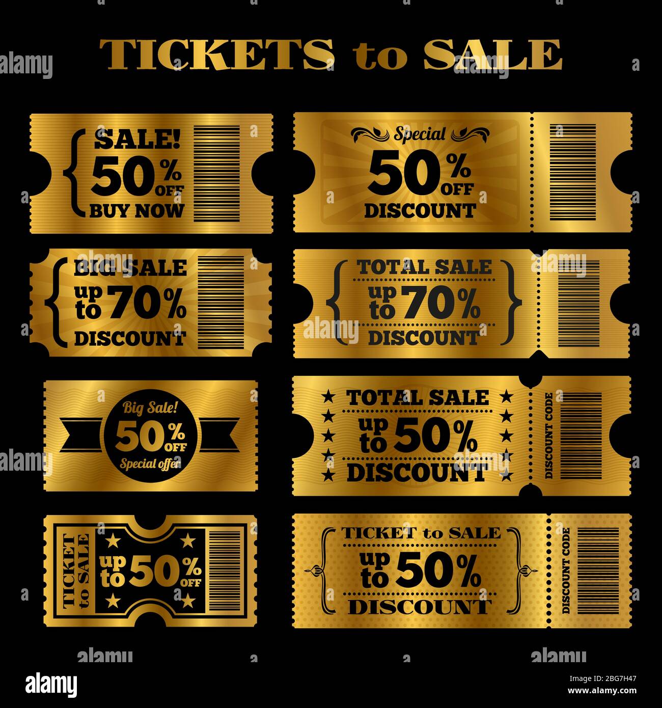 Golden sale tickets vector set. Vector tickets to sale isolated on ...