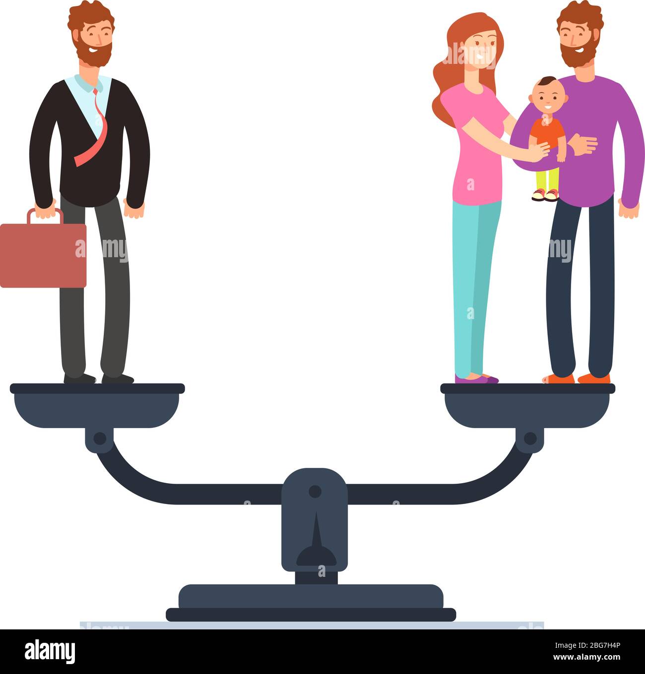 Businessman and happy family with kids on scales. Work and life balance ...