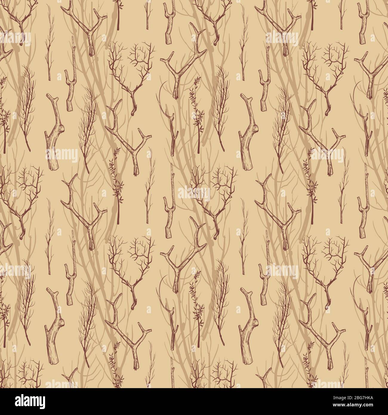 Rustic wood branches seamless pattern background. Hand drawn branches ...