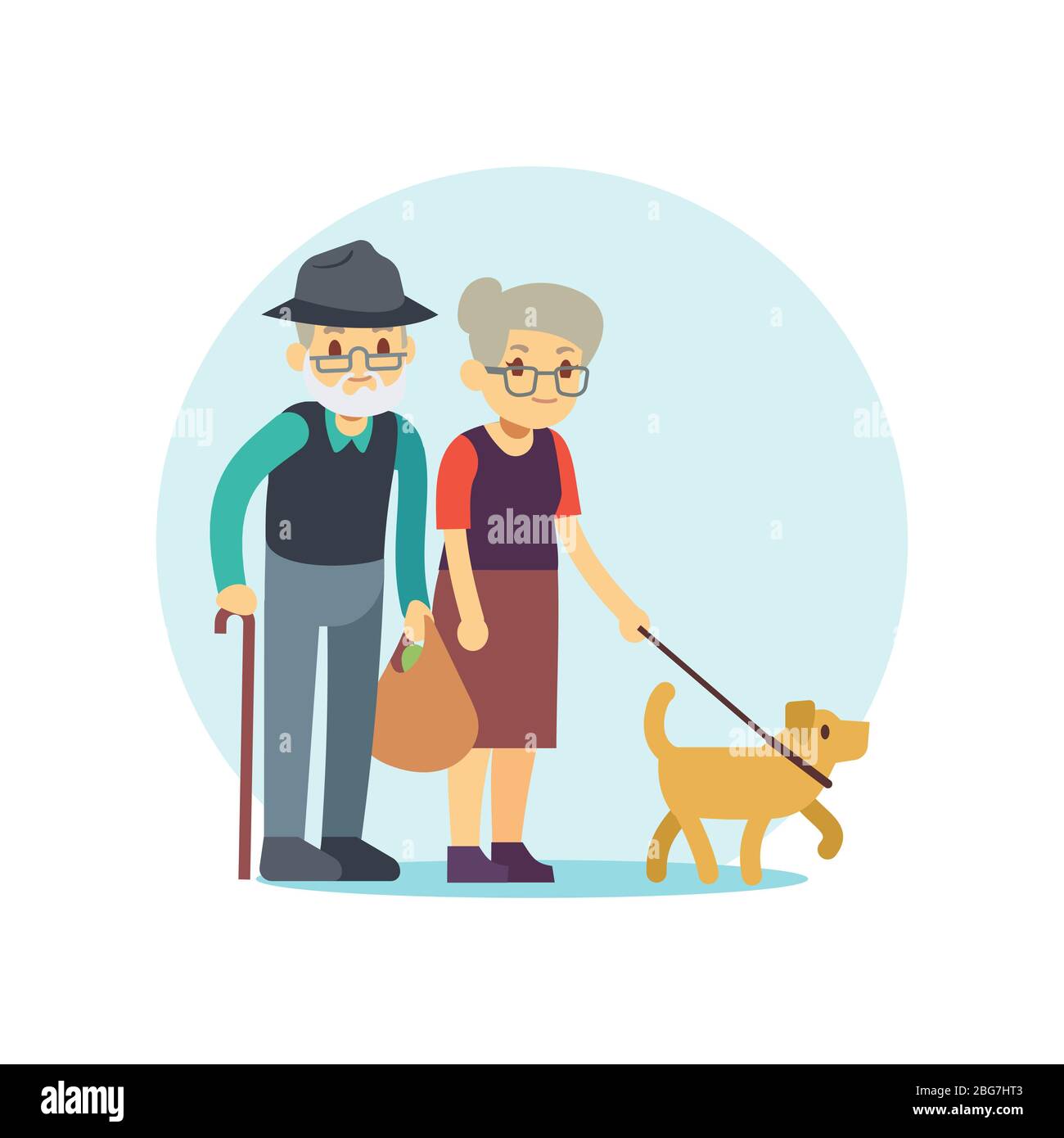 Old couple walking with cute dog. Eldery family cartoon character ...