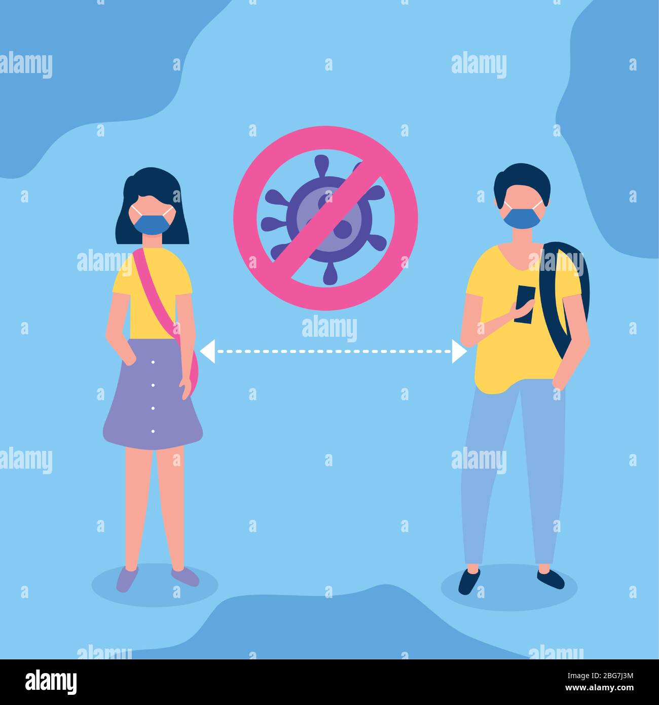 couple using face masks with stop covid19 signal Stock Vector Image ...