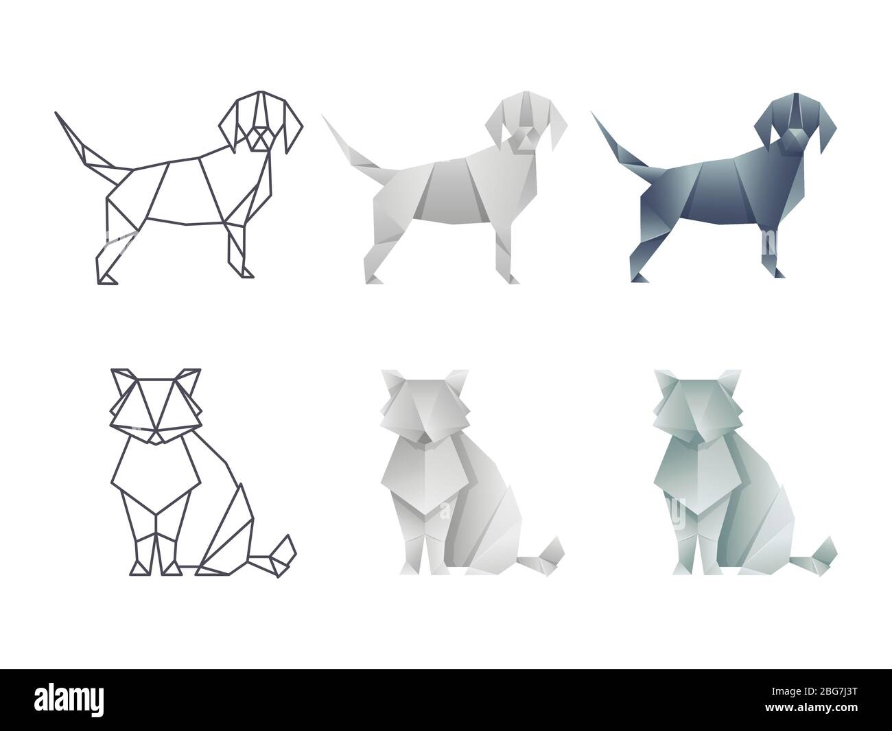 Set of vector japanese origami cat and dog isolated on white background ...