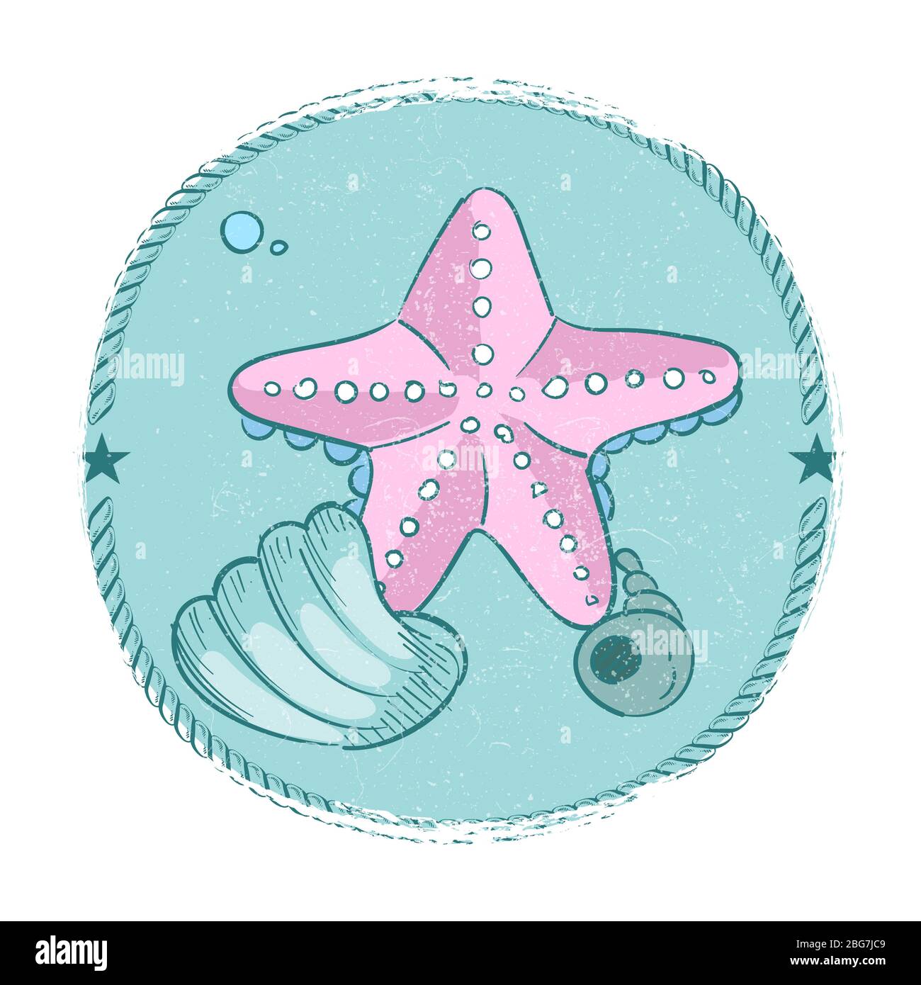 Hand drawn starfish and seashell grunge emblem isolated on white ...