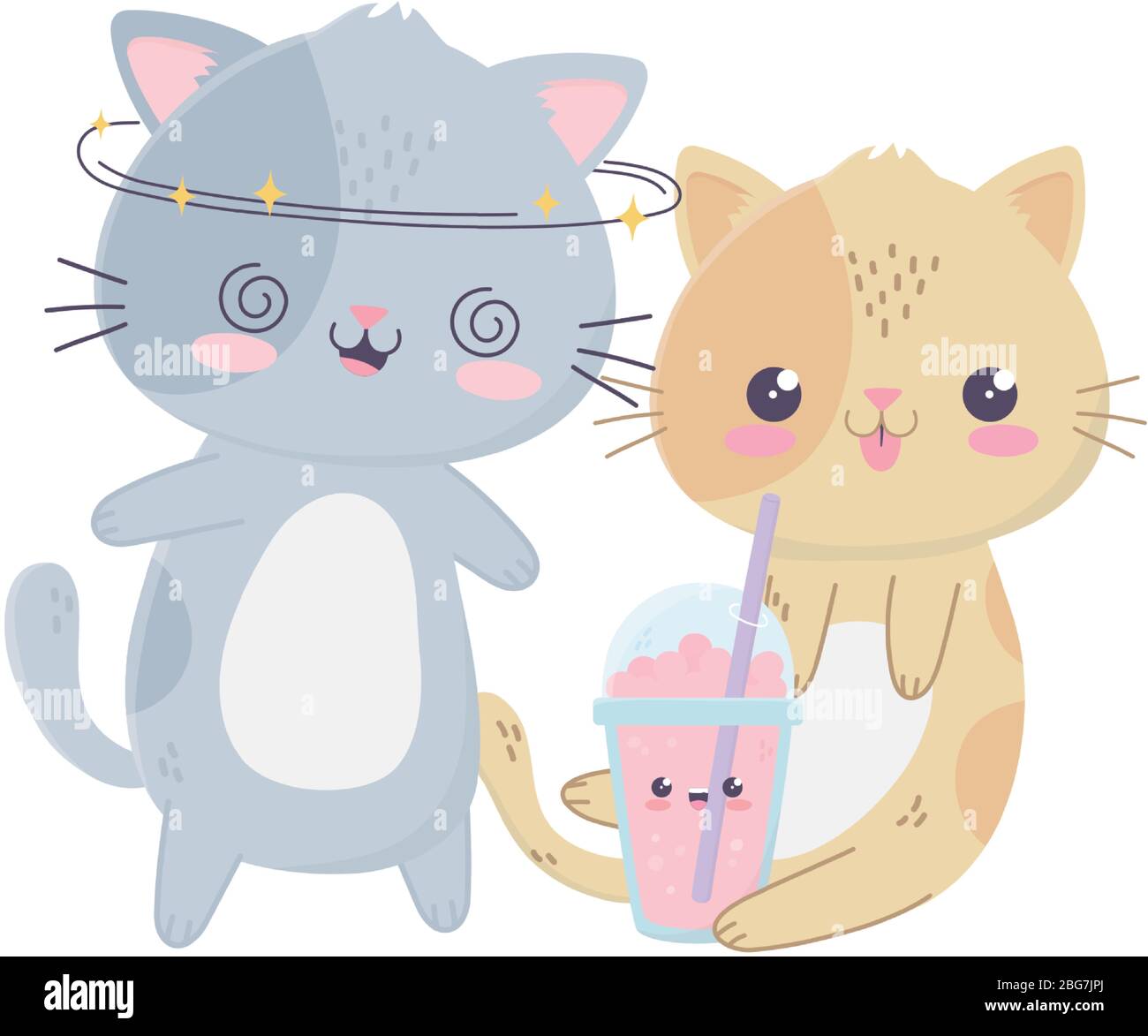 cute crazy gray cat and kitty with milkshake kawaii cartoon character ...