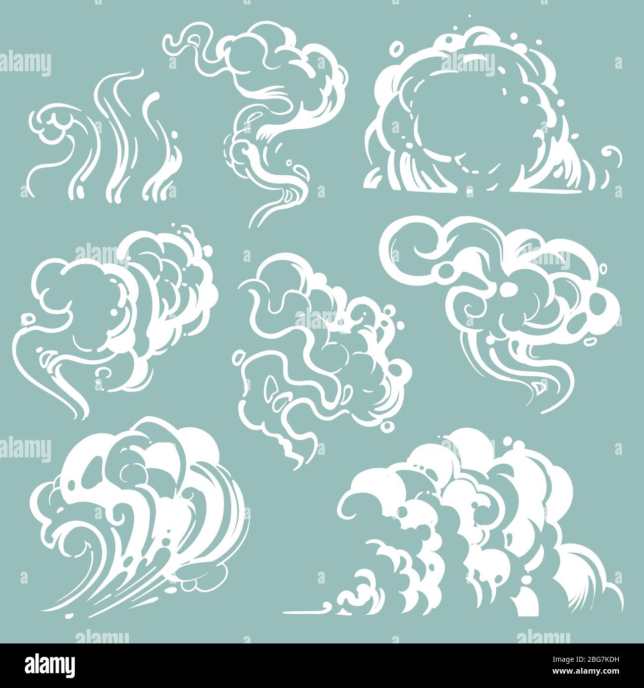Cartoon white smoke and dust clouds. Comic vector steam isolated. Line ...