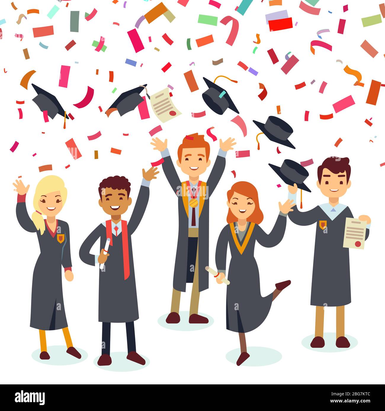 Smiling graduates and colorful confetti rain. Vector graduation school ...