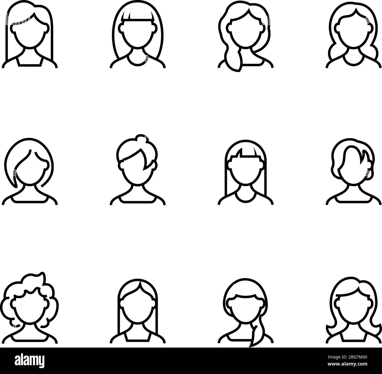Woman face line icons. Female profile outline symbols with different ...
