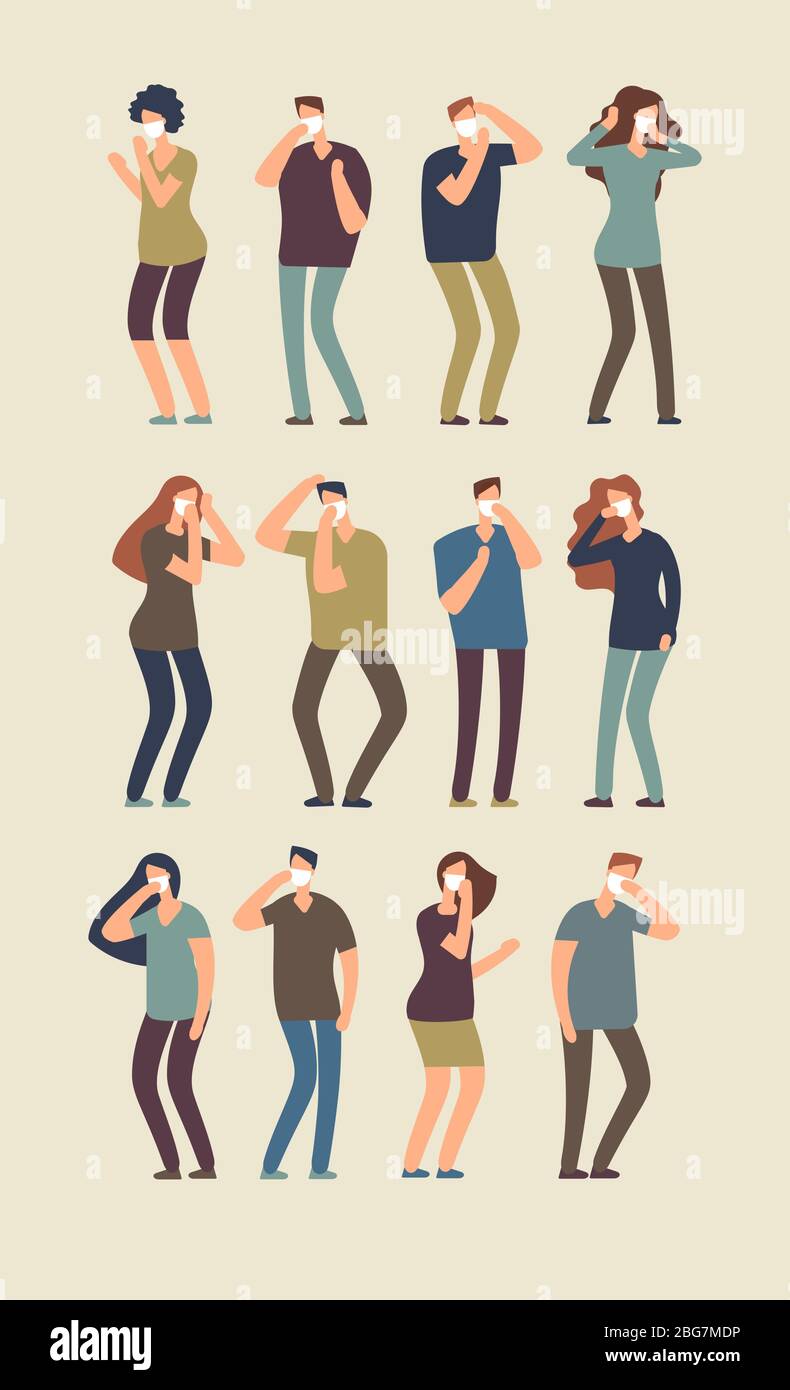 People and dust. Men and women in mask suffering from dust. Isolated ...