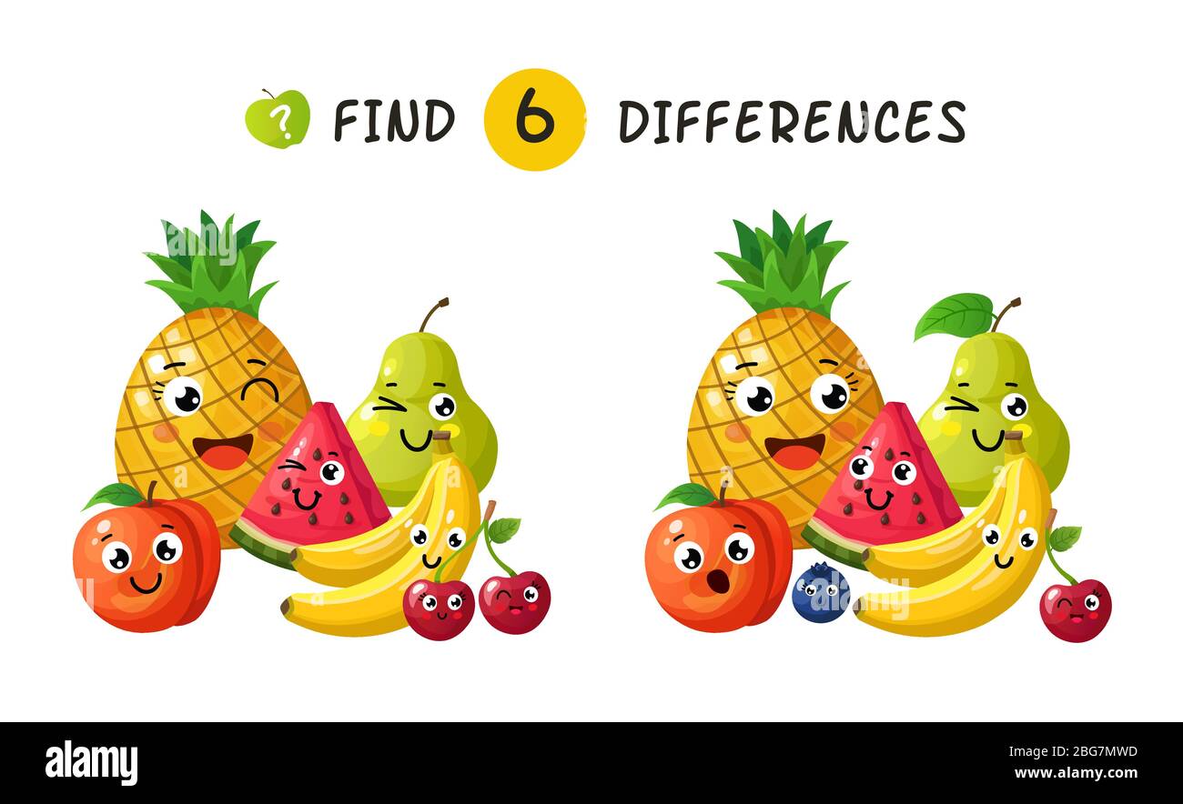 Finding differences. Children game with happy cartoon fruits. Vector ...