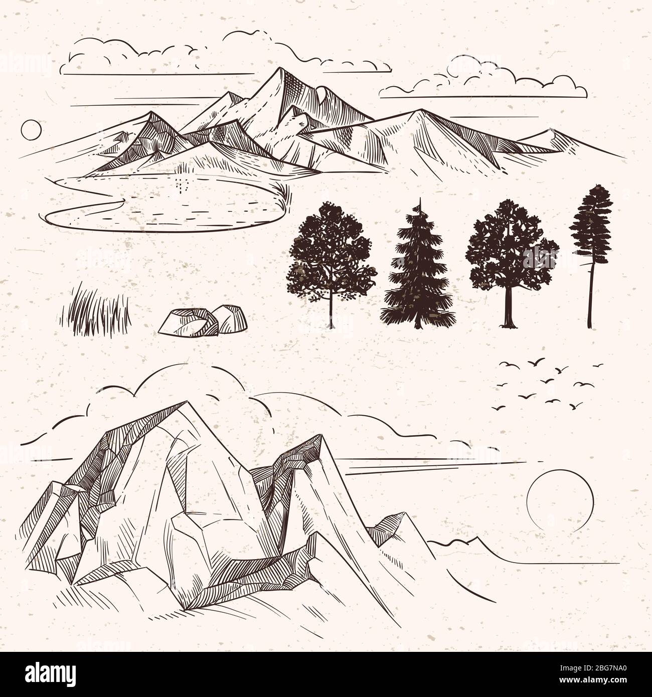 Hand drawing mountain range, peaks clouds, sun and forest trees on ...