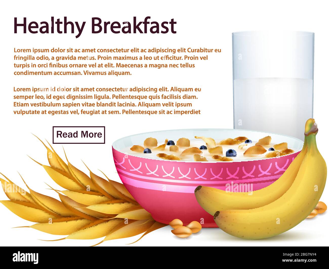 Breakfast banner template with cereals, realistic fruits, milk and ...