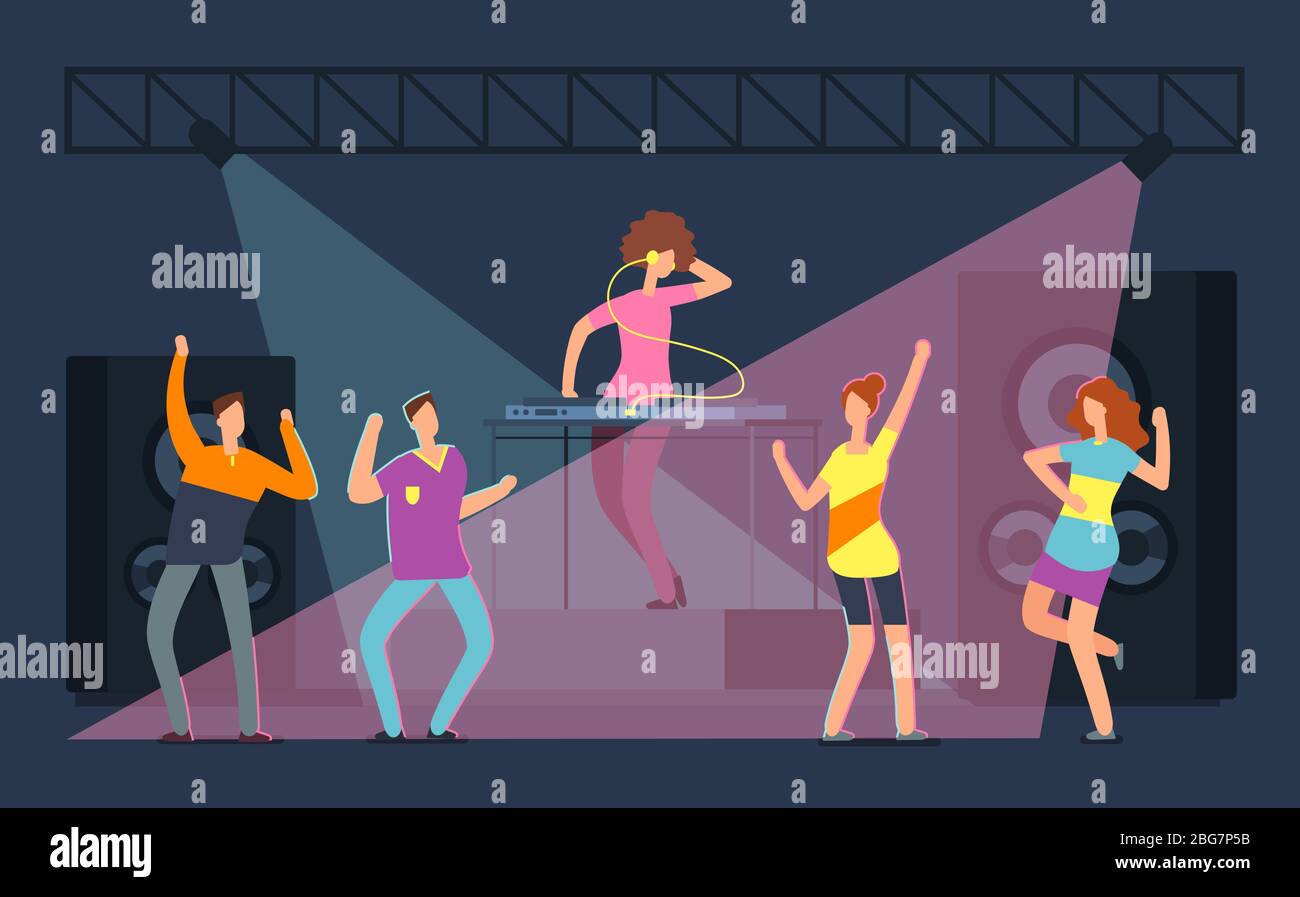 Young people crowd dencing on dance floor. Cartoon girls and boys in ...
