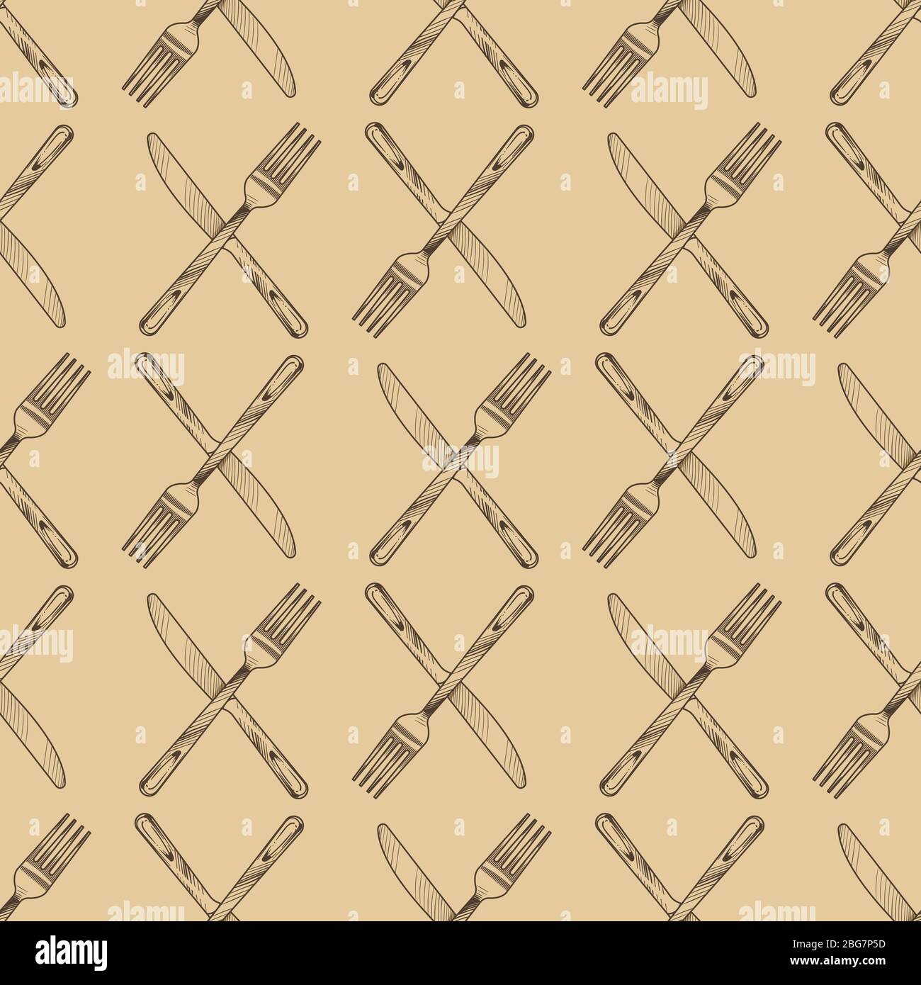 Hand sketched knife and fork cross seamless pattern. Menu, kitchen ...