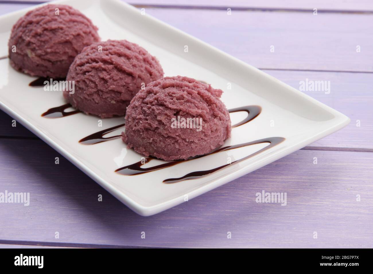 Delicious ice cream on plate on table close-up Stock Photo - Alamy