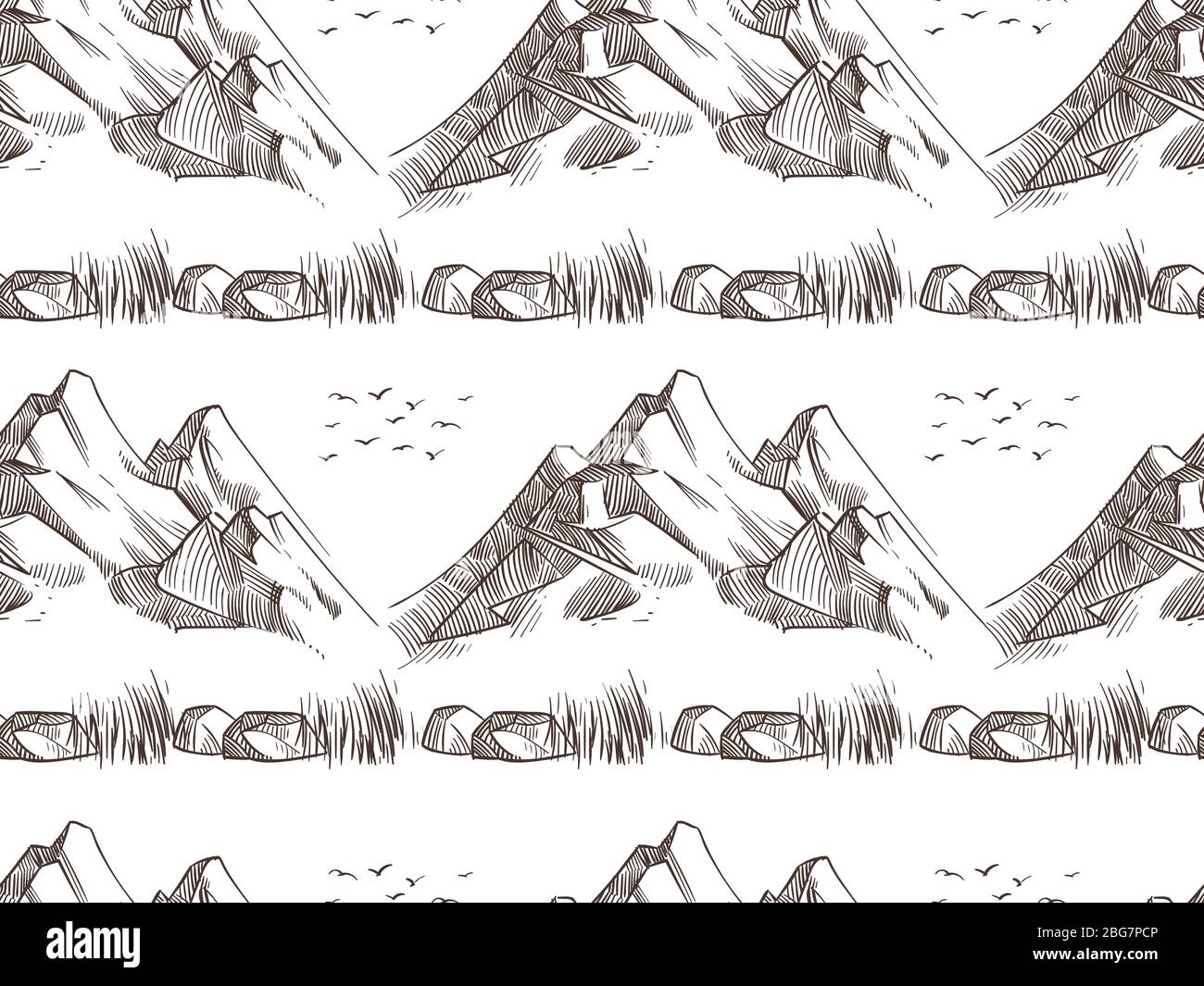 Mountain landscape seamless pattern background design, black white ...