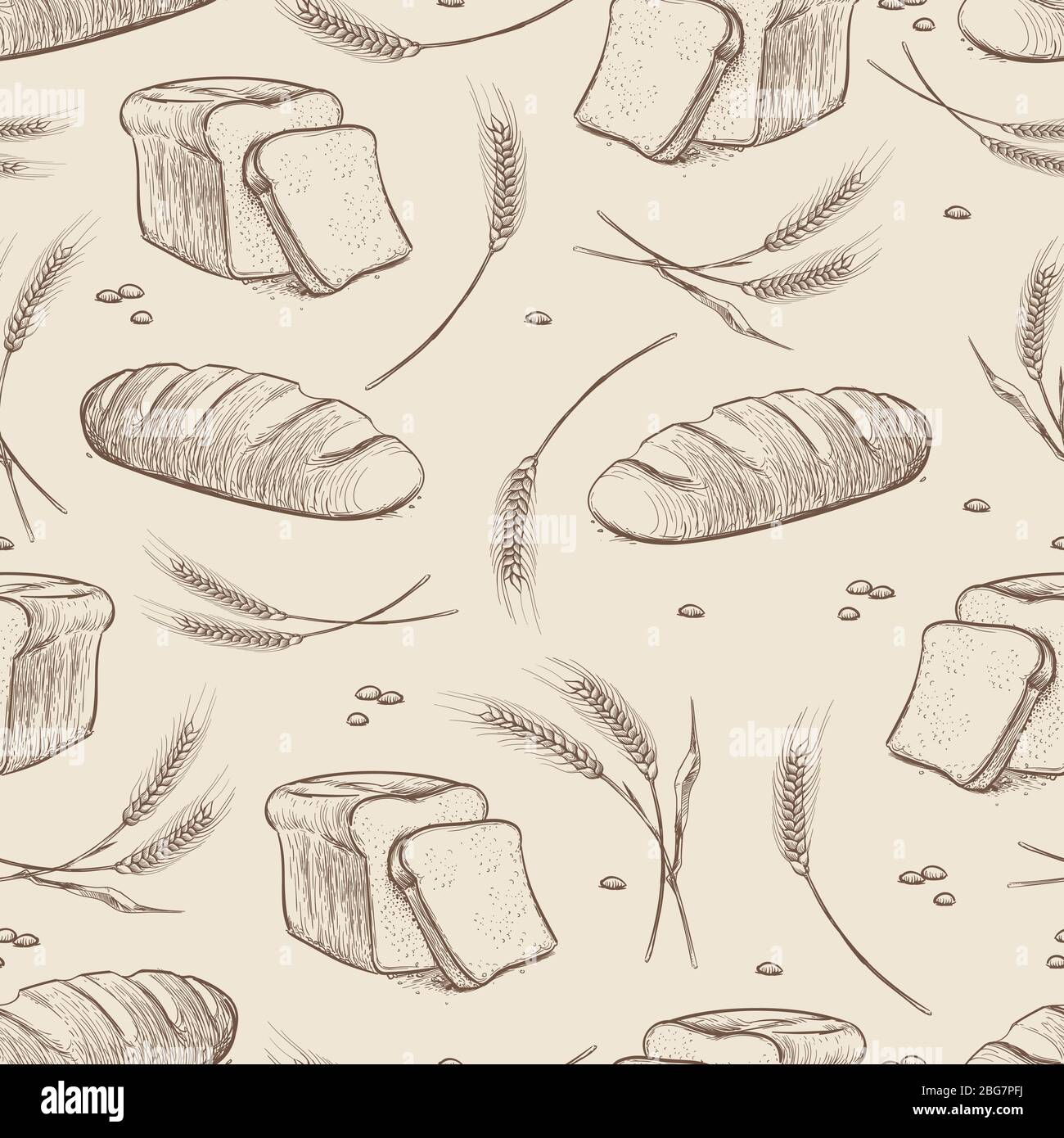 Hand drawn wheat and bread seamless pattern. Vector bakery texture ...