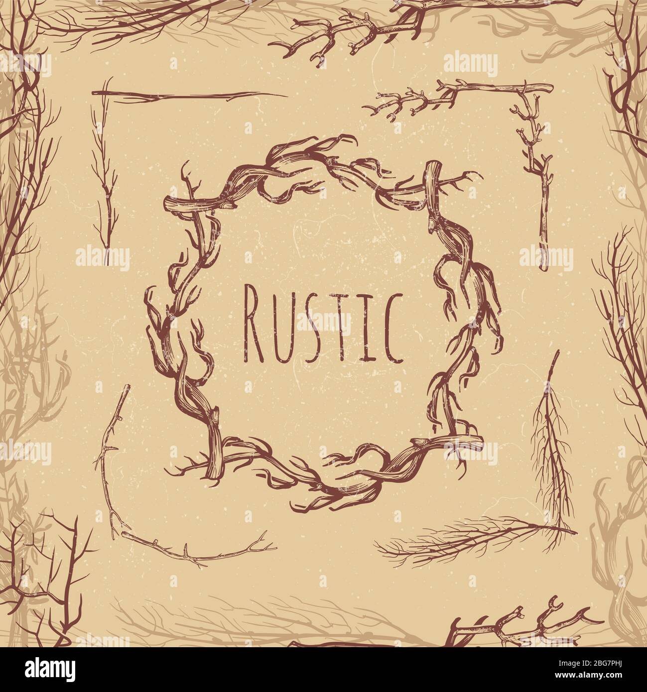 Hand drawn rustic branches vintage style. Rustic angle and frame ...