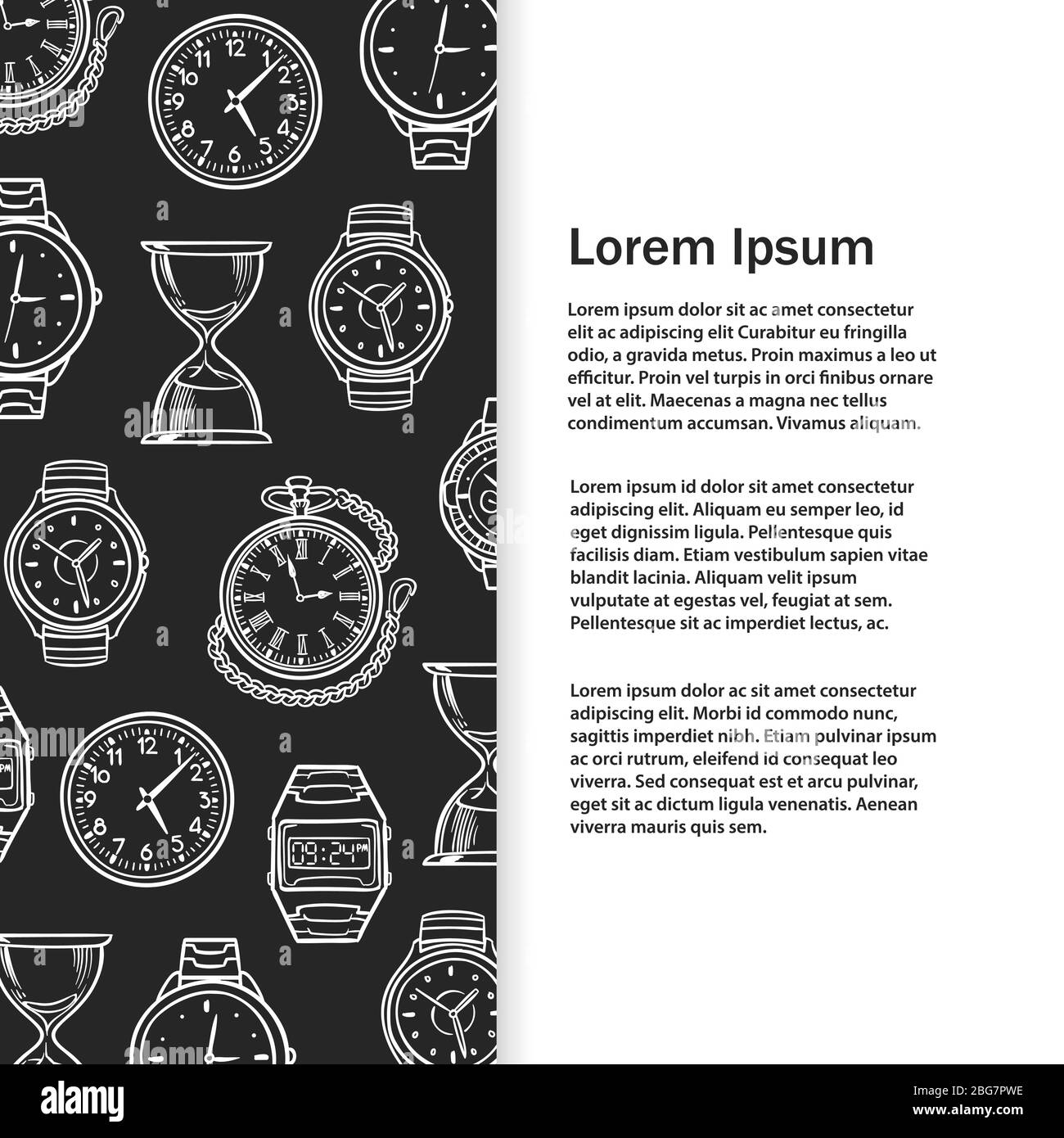 White doodle sketch watches, alarm clocks banner template. Vector ...