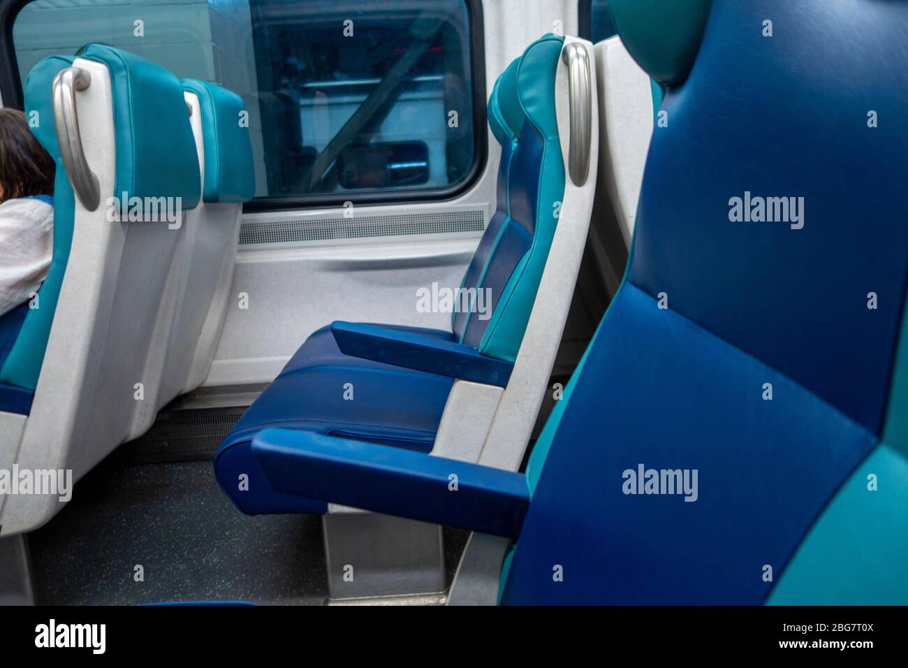 leather blue seats inside a transportation train car Stock Photo - Alamy