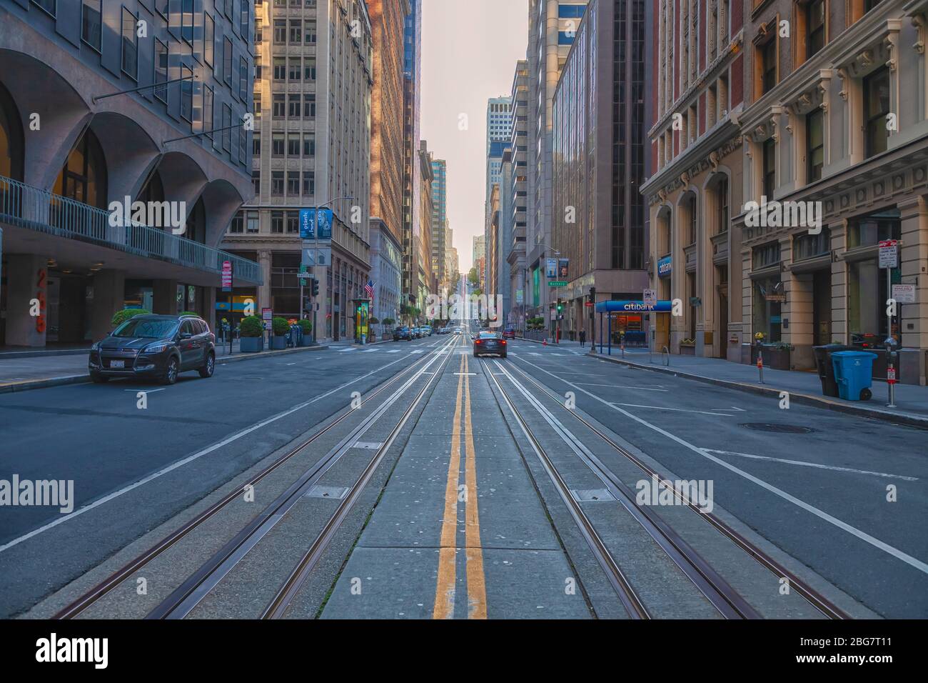 California Street by Downtown is empty of pedestrians and traffic ...