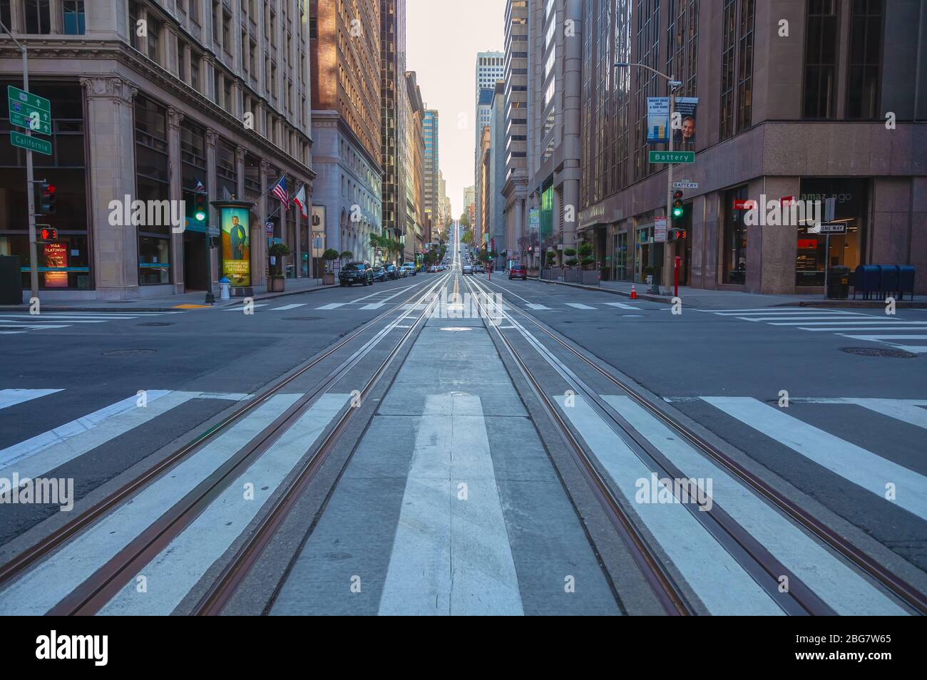 California Street by Downtown is empty of pedestrians and traffic ...