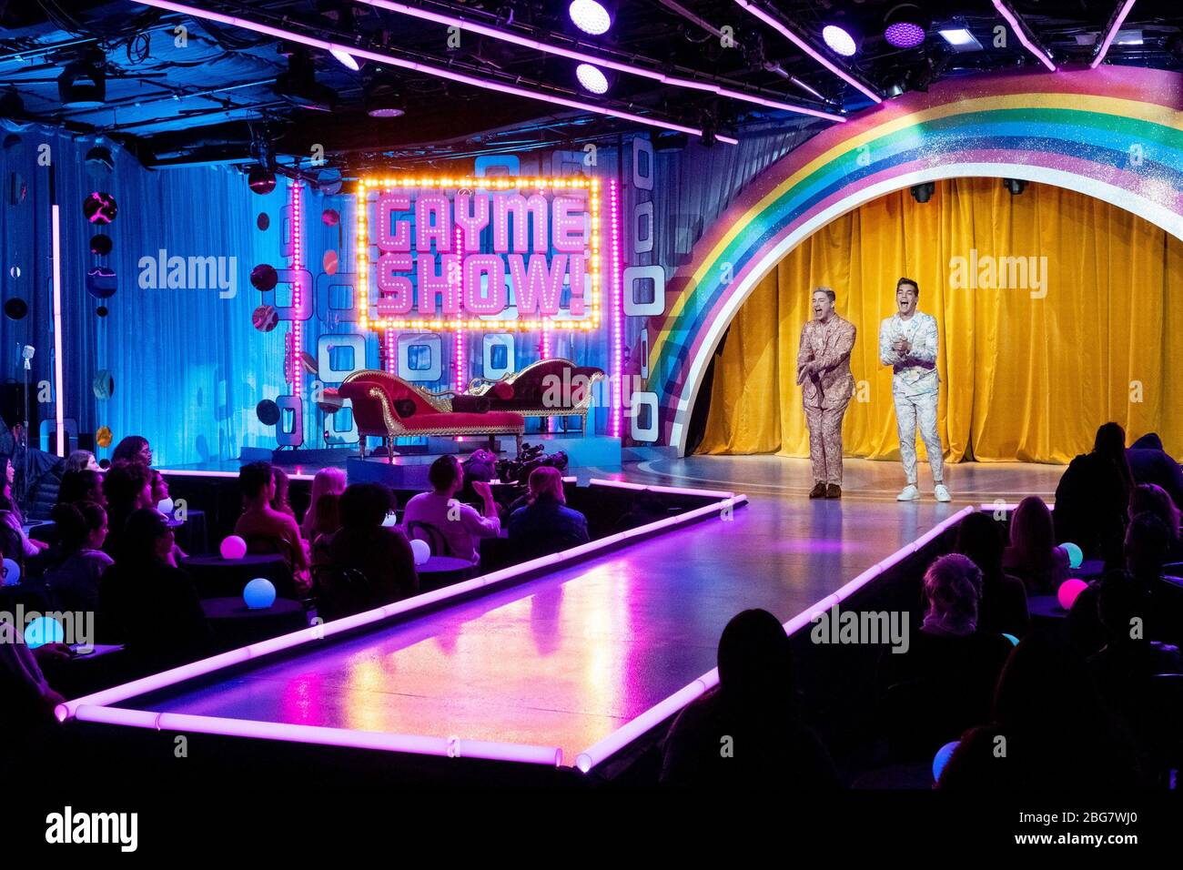 GAYME SHOW!, from left: co-hosts Dave Mizzoni, Matt Rogers, 'She's ...