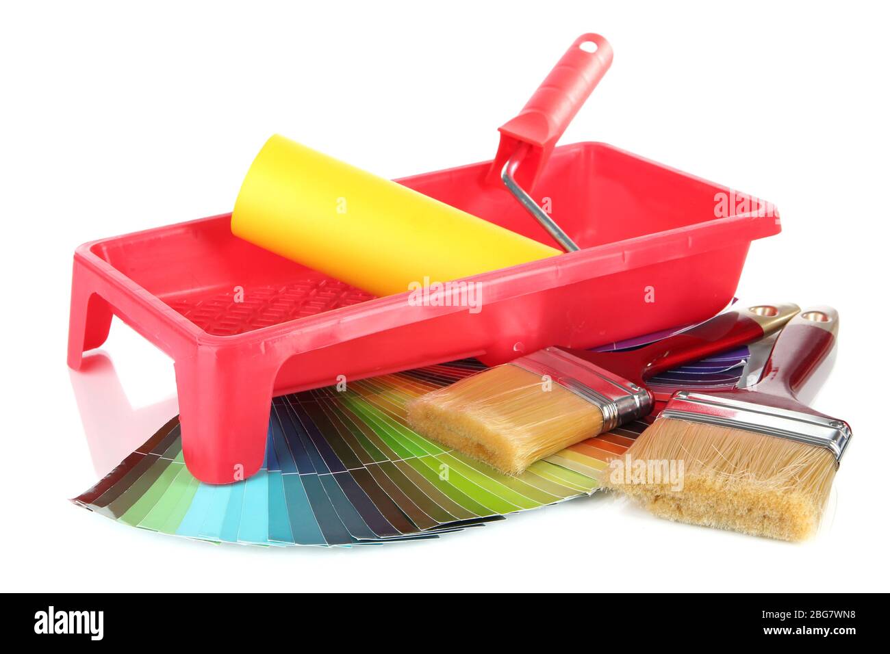 Roller, brushes and bright palette of colors isolated on white Stock ...