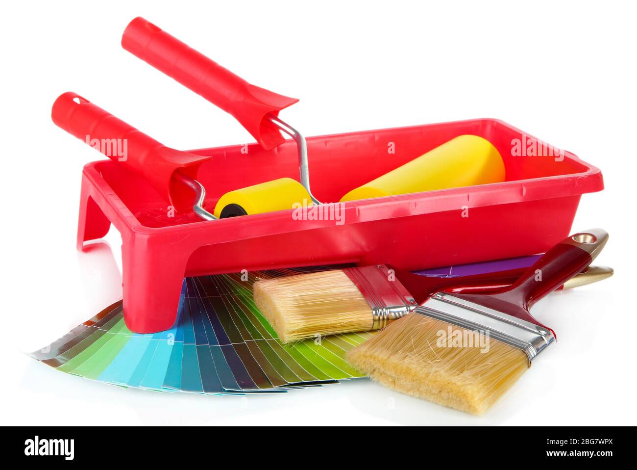 Roller, brushes and bright palette of colors isolated on white Stock ...