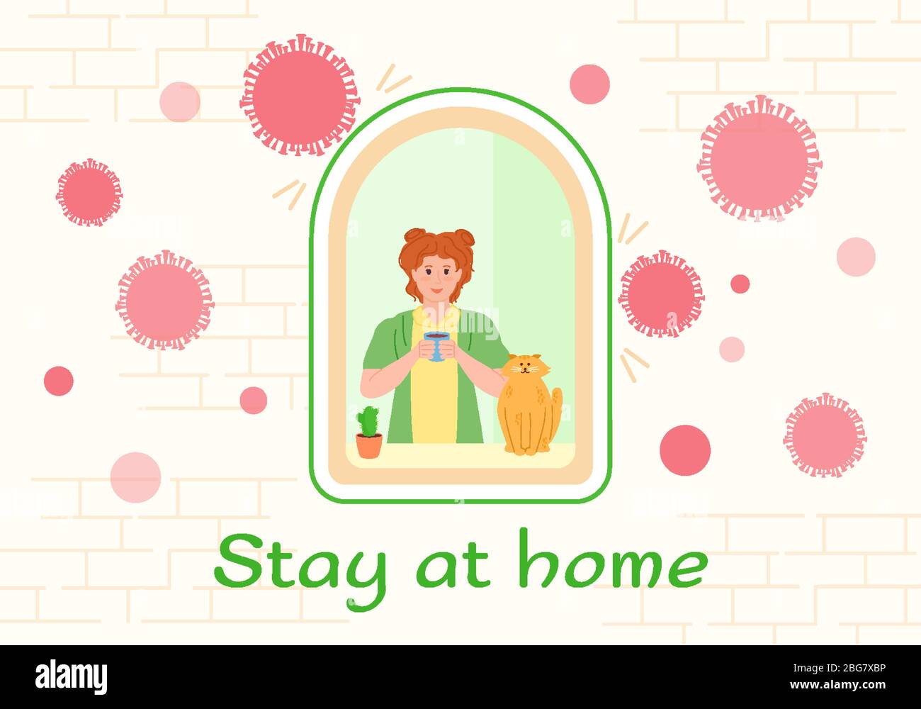 Stay home concept. House facade with windows, girl and cat look out of ...