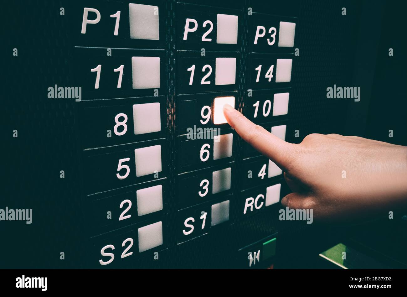 Pressing elevator button with hands, touching public surface with germs ...