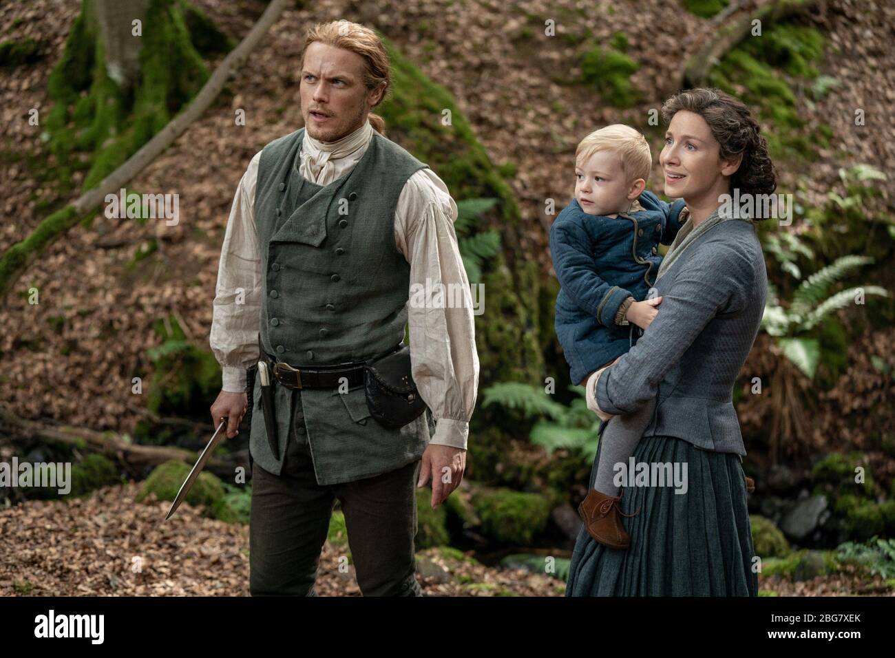 OUTLANDER, from left: Sam Heughan, Andrew/Mathew Adair, Caitriona Balfe ...