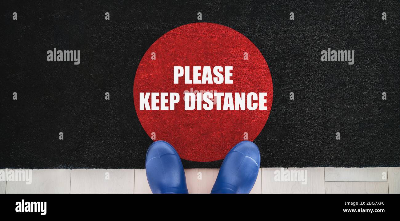 Social distancing at grocery stores POV of shoes standing on distance ...