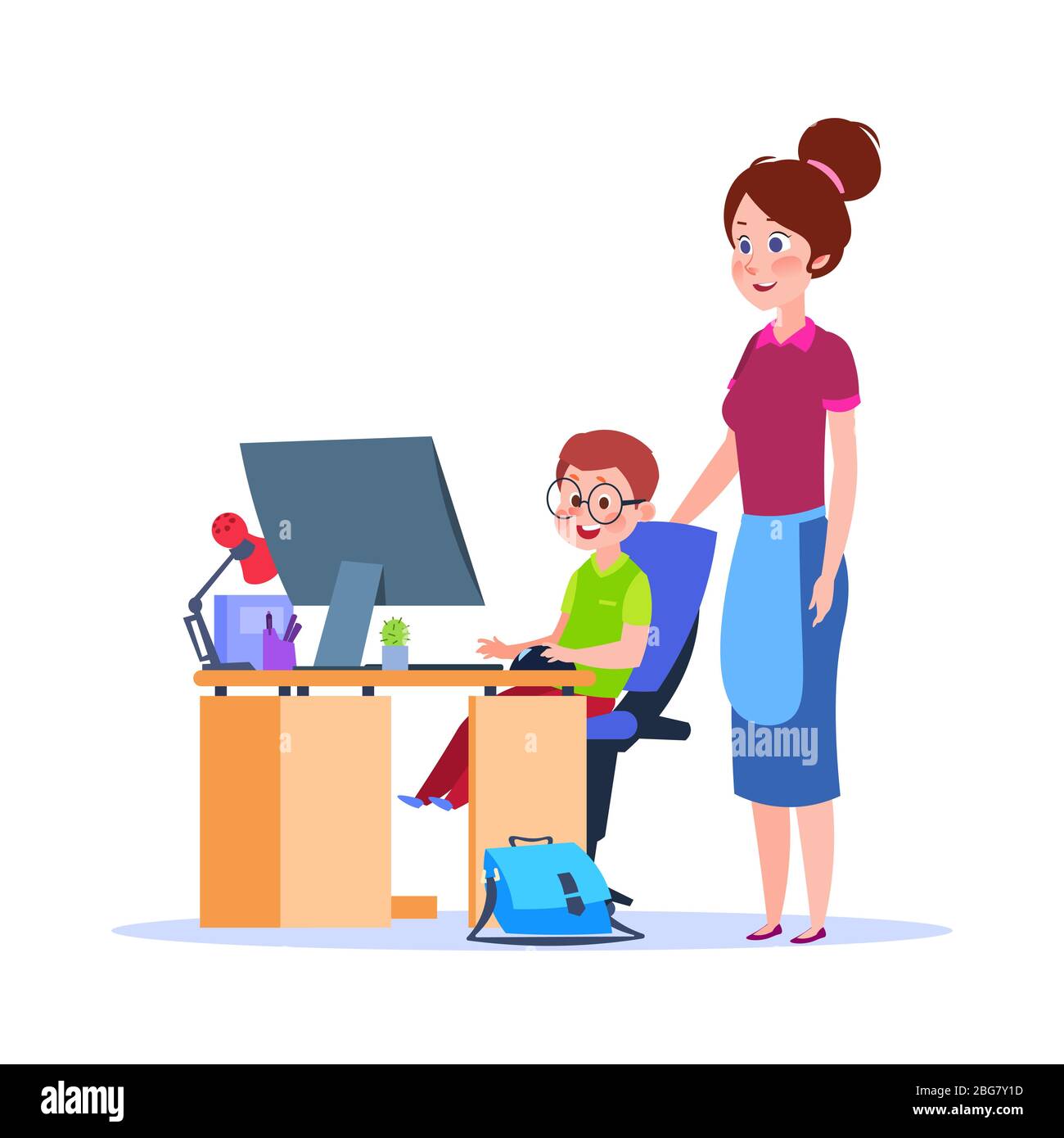 Mother and child at computer. Mom helping boy with homework. Cartoon ...