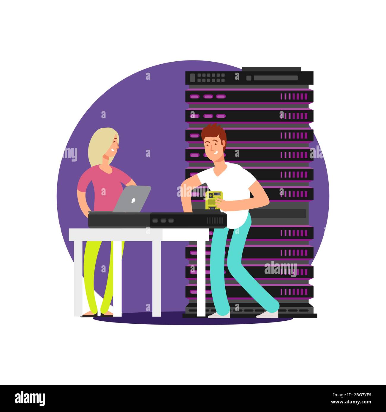 Flat cartoon characters server administrators. Man and woman work with ...