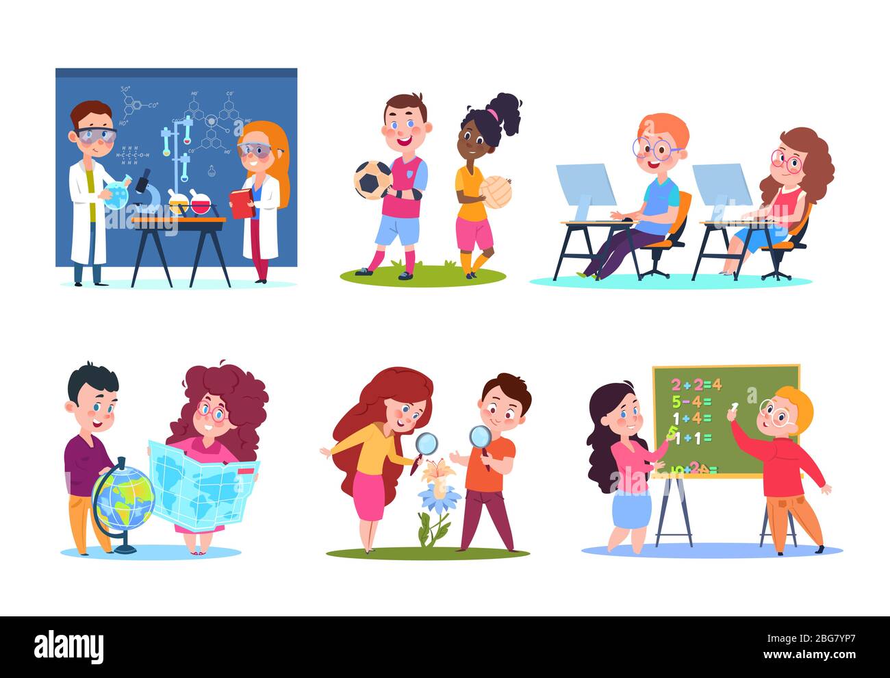 Kids in lessons. School children learning geography and chemistry ...