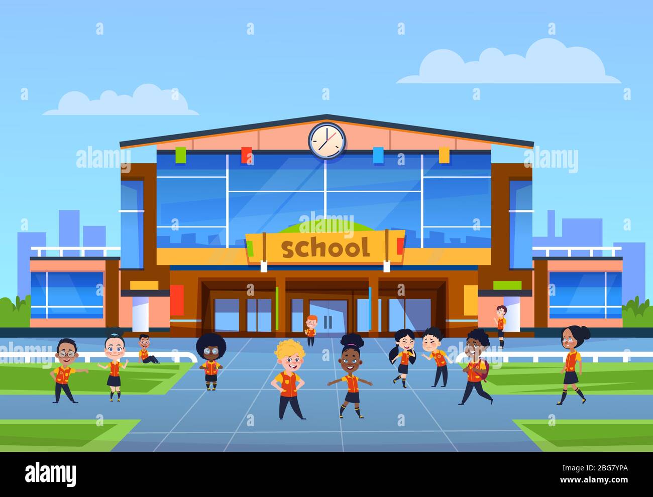Children at school building. Cartoon kids in uniformy play in yard in ...